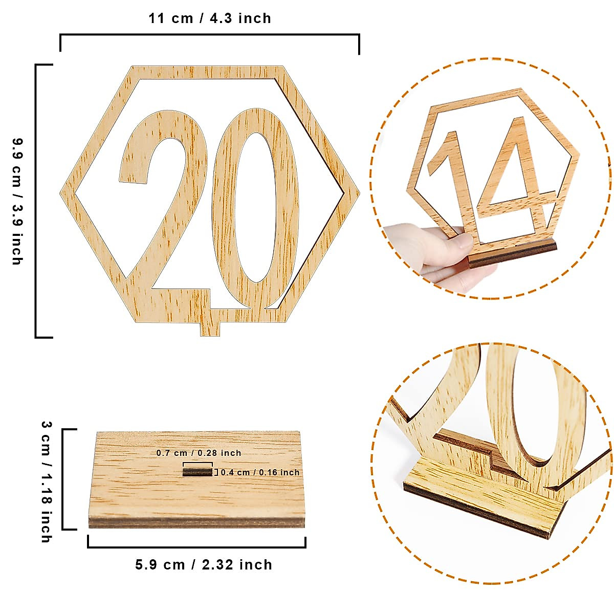 BravOne Wooden Table Numbers, Hexagon Shape 1-20 Wedding Table Numbers with Holder Base Rustic Hollow Out Wood Table Numbers Card for Wedding Party Event Catering Decoration (Hexagon)