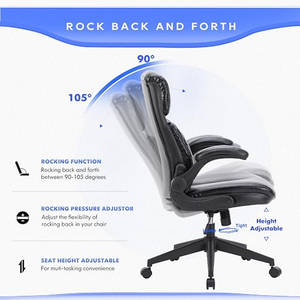 COLAMY Ergonomic Office Chair, Executive Desk Chair, Leather Office Chair with Padded Flip-up Arms, Adjustable Height Swivel Rolling Work Chair-Black