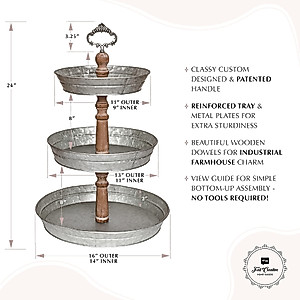 3 Tiered Tray Stand [XL] - Stunning, Extra Large Three Tiered Tray Stand, Farmhouse Tiered Tray, Cookie Display Stand, Metal Serving Tray, Galvanized Tiered Tray for Rustic Party Decor, Pastry Stand