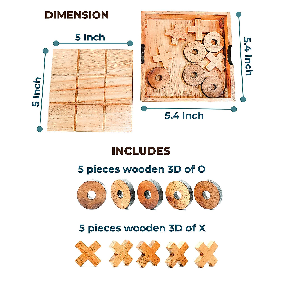 BSIRI Wooden Tic Tac Toe Game - Brain Teaser Puzzles for Adults and Unique Gifts for Kids, Coffee Table Decor Living Room Decor Modern Wood Decor, Classic Board Games for Family (5.5 Inch)