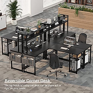 Aheaplus L Shaped Desk with Power Outlet & LED Strip, Reversible Corner Computer / Gaming Desk with Storage Shelf & Monitor Stand, Modern 2 Person For Home Office, Writing , Black