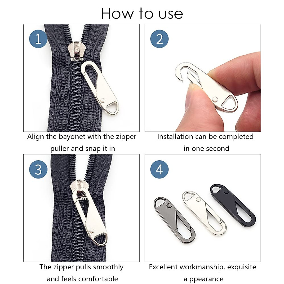 Zipper Pull Tab Kit Zipper Pull Replacement,Metal Zipper Pulls for Purses,Handbags,Luggage,Backpacks,Coats,Detachable Zipper for Sewing,with Small Storage Box(10+1 Pcs,Black,Silver,Gold,Bronze,Grey)