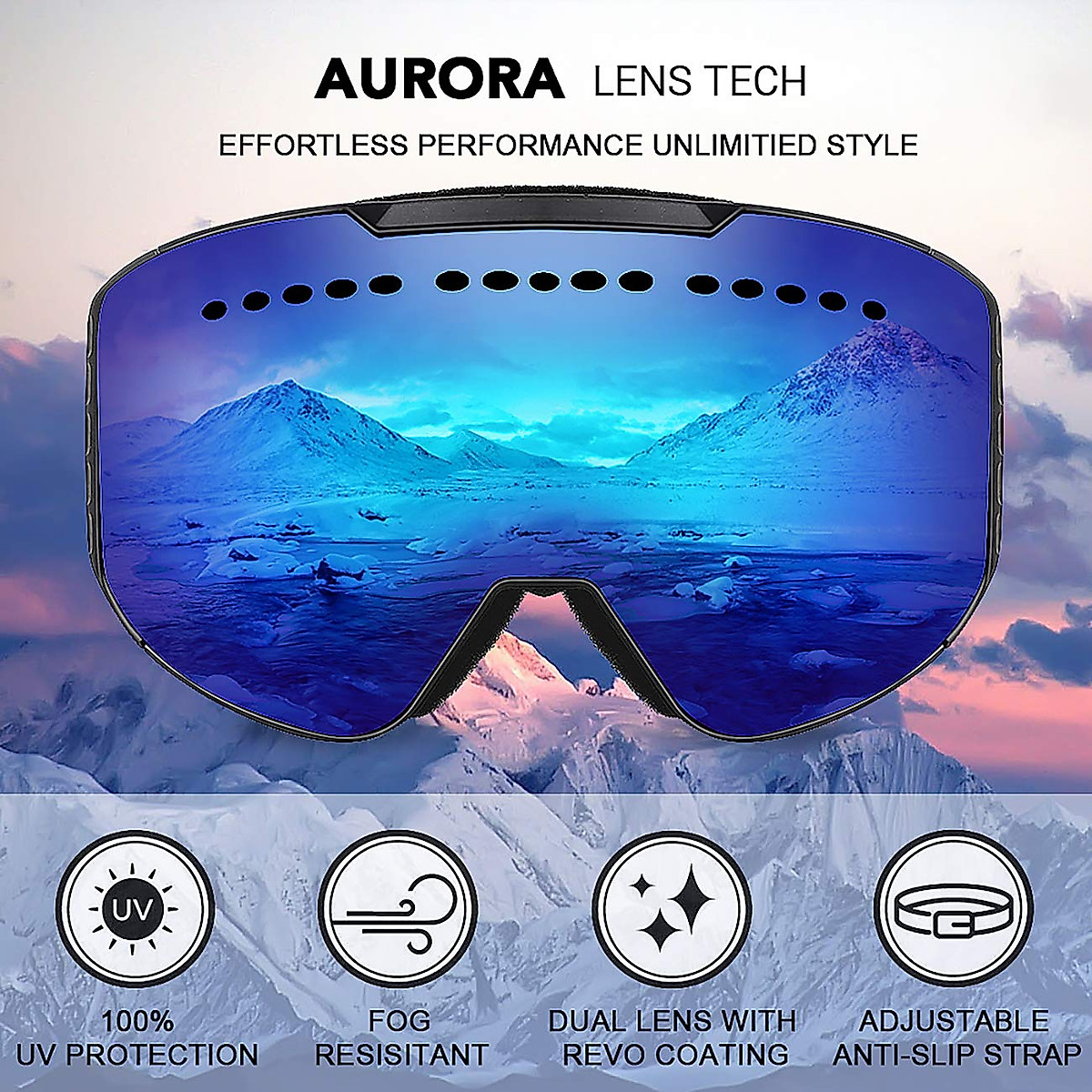 JULI Ski Goggles/Snow Snowboard Goggles for Men, Women & Youth - 100% UV Protection Anti-Fog Dual Lens(Black Frame/7.9% VLT Blue Len)