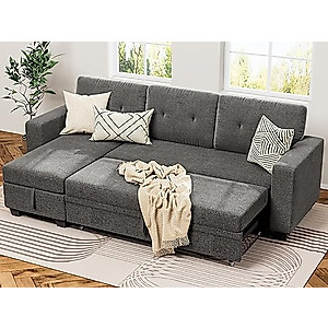 YESHOMY Sofa Bed Reversible Convertible Sleeper Pull Out Couches with Storage Chaise, Linen Fabric Furniture for Living Room, Bedroom, Apartment, Dark Gray