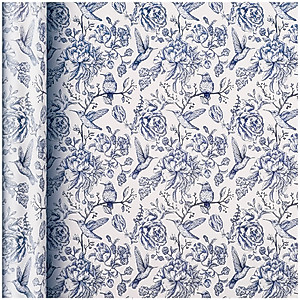 1 Roll Blue Floral Bird Wrapping Paper Mini Roll 17in x 32.8Ft Blue White Flowers Bird Pattern Gift Wrap Paper Vantege Floral Paper for Birthday Wedding Baby Shower Party Wrapping Supplies