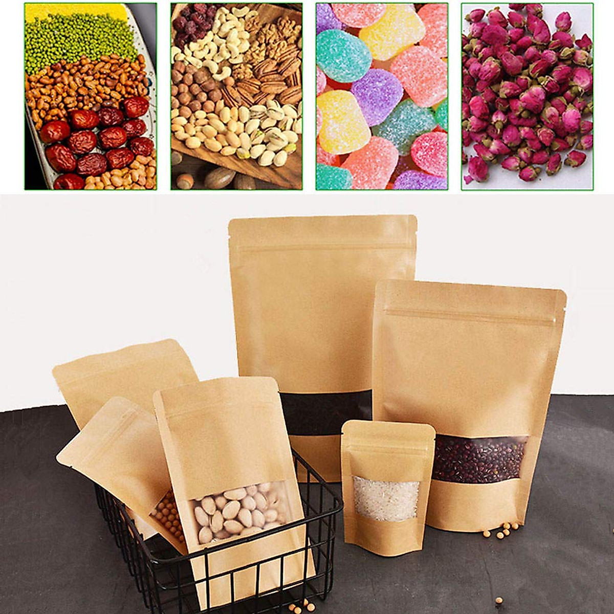 TYONMUJO 50pcs Kraft Paper Bags with Window Resealable Zip Lock Food Storage Bags Heat Sealable Stand Up Brown Paper Pouches for Cookies Coffee Tea 5.5×7.8in