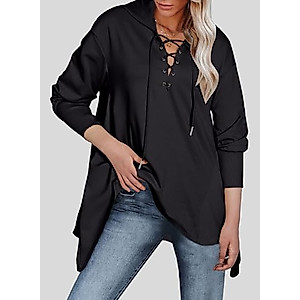 EVALESS Fall Sweatshirt for Women 2023 Fashion Casual Oversized Long Sleeve Hoodie Pullover V Neck Lace Tops with Pockets,Black S