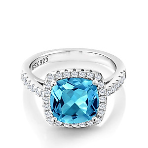 Gem Stone King 925 Sterling Silver Swiss Blue Topaz and White Created Sapphire Engagement Ring For Women (2.80 Cttw, Cushion Cut 8MM, Available in size 5, 6, 7, 8, 9)