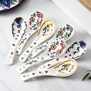 HonHeam Ceramic Soup Spoons Set, Bohemian Porcelain Rice Spoons, Colorful Glaze Flower Pattern Tableware Spoons Set of 4