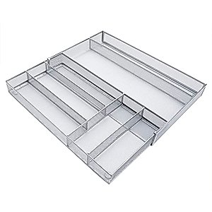 HANGYALI Expandable Cutlery Tray Mesh Flatware Metal Non-Slip 6 Compartments Kitchen Drawer Utensil Organizer (Silver)