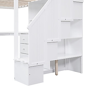 SOFTSEA Twin Loft Bed with L-Shaped Desk & Stairs, Wood Loft Bed with Desk and Storage Staircase, Twin Loft Bed with Bookcase and Storage Drawers, High Loft Bed with Desk for Kids Teens Adults, White