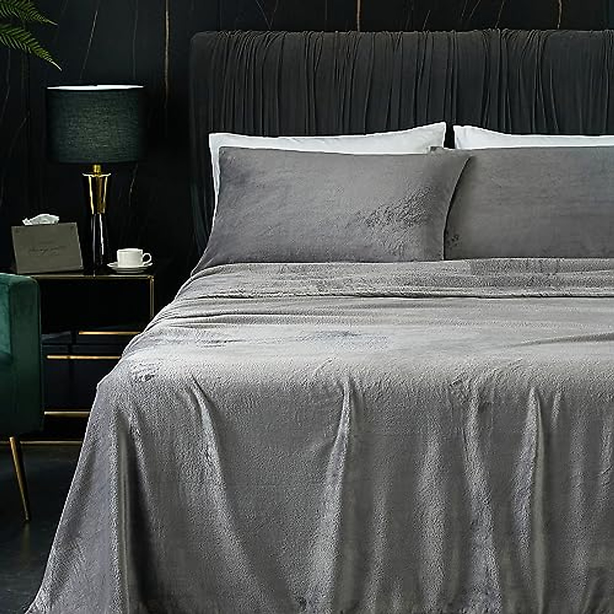 HYPREST Flannel Sheets King Size Deep Pocket, 250 GSM Micro Plush Velvet Sheets, Hotel Luxury Soft Breathable Grey King Bed Sheets Warm Fleece Sheets fits Mattress up to 24" in