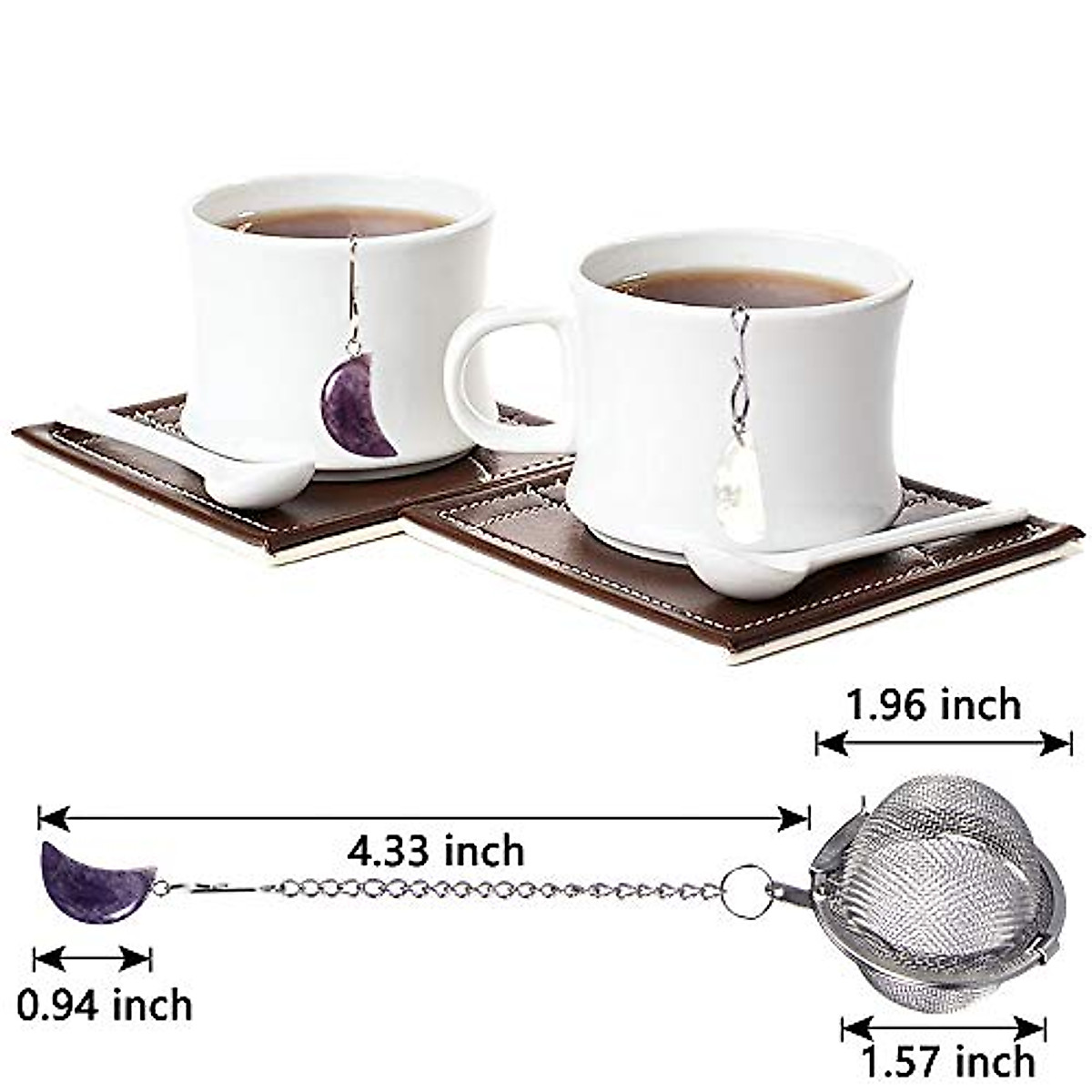 2pcs Tea Infuser, Scdom Stainless Steel Ball Mesh Tea Strainer, Amethyst & White Crystal Moon Pendant Tea Ball Tea Filter with Extended Chain Hook for Brew Fine Loose Tea and Spices & Seasonings