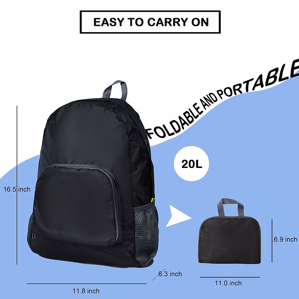 ToutSimple 20L Hiking Daypack, Lightweight Backpack for Travel Camping Outdoor, Foldable Backpack For Men Women(BLACK)