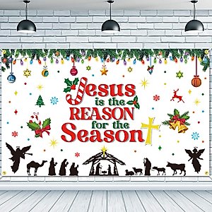 JKQ Jesus is The Reason for The Season Backdrop Banner 73 x 43 Inch Large Christmas Holiday Nativity Scenes Birth of Jesus Background Banner Religious Christmas Holy Nativity Party Decorations