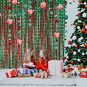 Christmas Party Decoration Backdrop - 4 Pack Foil Fringe Curtains Tinsel Curtain and 2Pcs Glitter Circle Dots Star Garlands for Birthday Xmas Holiday New Year Eve Party Decorations (Red and Green)