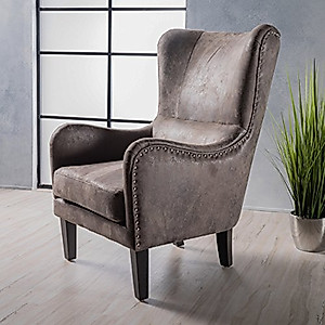 Christopher Knight Home Lorenzo Arm Chair Fabric Hi-Back Studded Chair, Greyish Brown 36D x 26.75W x 41.5H in