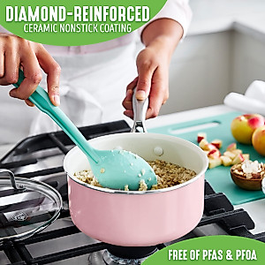 GreenLife Artisan Healthy Ceramic Nonstick, 1QT and 2QT Saucepan Pot Set with Lids, Stainless Steel Handle, Induction, PFAS-Free, Dishwasher Safe, Oven Safe, Pink