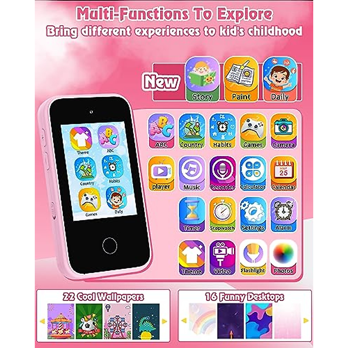 dancingcow Kids Smart Phone for Girls Ages 3-7, Kids Cell Phone Toy with Dual Camera for 3 4 5 6 7 Years Old Girls Birthday Gift, Toddler Play Phone with Learning Games for Boys (Pink)