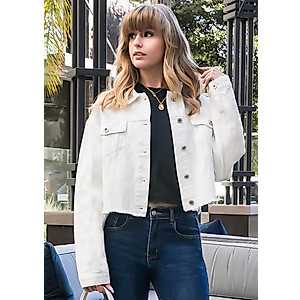 Anna-Kaci Women's Denim Jacket Cropped Raw Hem Casual Button Down Jean Jacket with Pockets, White, Large