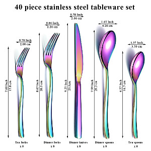 Silverware Set 40 Pieces Service for 8, ReaNea Rainbow Flatware Set, Titanium Plating Cutlery Set Include Dinner Knives, Dinner Spoons, Dinner Forks, Teaspoons, Salad Forks, Dishwasher Safe
