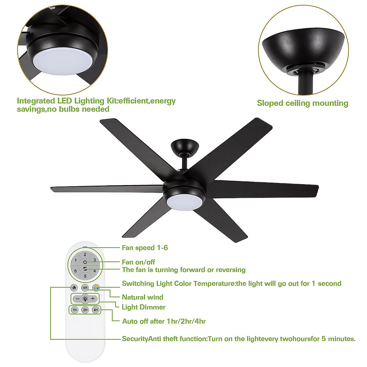 hykolity 52 inch Ceiling Fans with Integrated LED Lights and Remote Control, 6 Blades, 6 Speed, Dimmable, 3CCT, Quiet Reversible Motor, Indoor Modern Ceiling Fan - Black