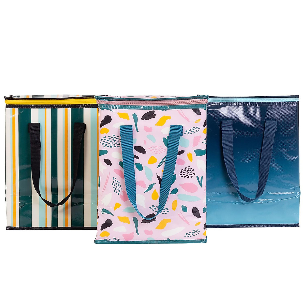 Planet E Reusable Grocery Picnic Shopping Bags - Heavy Duty Colorful Collapsible Insulated Zip Coolers (Pack of 3)