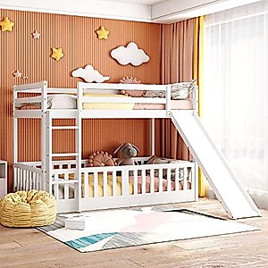 Merax Twin Over Twin Bunk Bed with Slide and Ladder, No Box Spring Needed, White