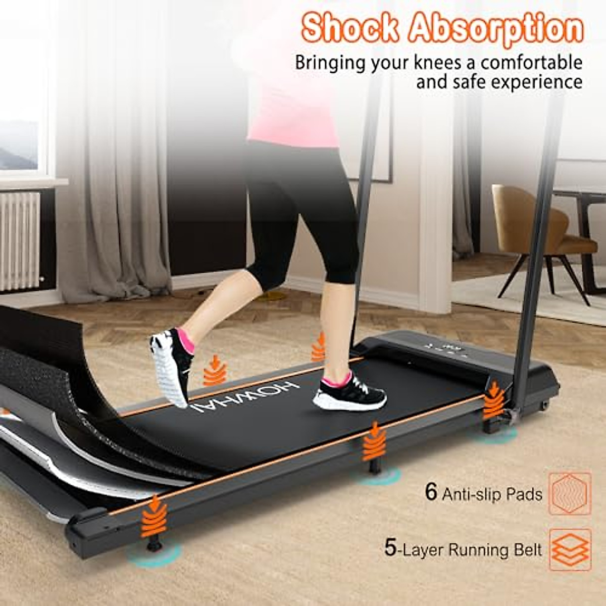 HOWHAI Treadmill, Walking Pad Treadmills for Home with 2.5HP, Speed 6.2-7.6MPH Walking Pad with Handle Bar, Foldable Treadmill, Remote Control and LED Display, Space-Saving for Home Office(Orange)