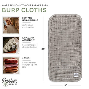 Parker Baby Muslin Burp Cloths | 100% Cotton Burping Clothes, Newborn Essential | Must-Have Baby Registry, Modern and Trendy Colors | 20"x11" Large Baby Burp Cloths, 4-Pack Rose