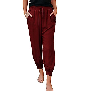 Dokotoo Womens Ladies Summer Comfy Casual Loose Lightweight Solid Color Tie Elastic Waist Linen Jogging Jogger Pants Sweatpants for Women with Pockets Red Large