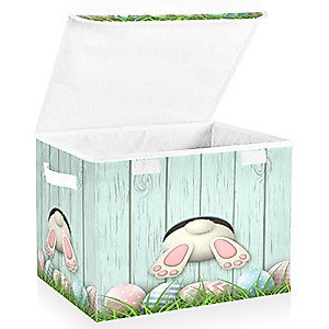 Storage Bins with Lids Foldable Storage Baskets Storage Cubes Collapsible Closet Organizer Containers with Cover Easter Bunny White Rabbit Eggs on Green Wooden for Home Office Organizer Closet, Shelv