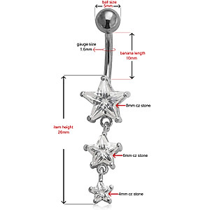 Purple CZ Crystal Stone Triple Star Dangling 925 Sterling Silver Belly Ring Body Jewelry