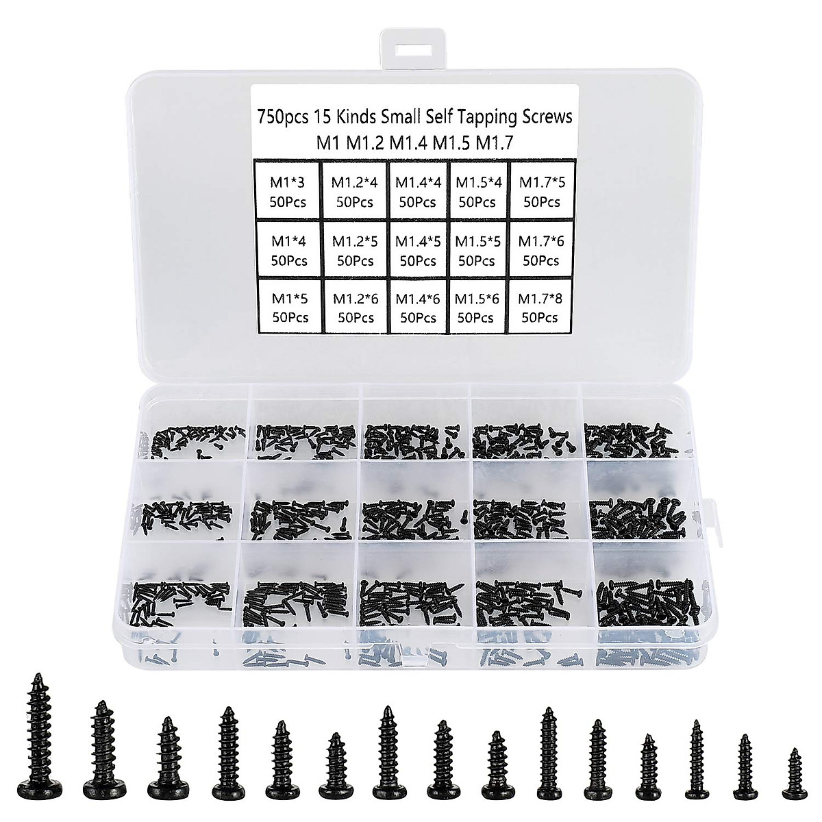 HanTof 750pcs Black Tiny Screws for Electronics, M1, M1.2, M1.4, M1.5, M1.7 Very Small Phillips Pan Head Self Tapping Screws, Micro Wood Screws, Mini Electronic Screws Assortment Kit-Carbon Steel