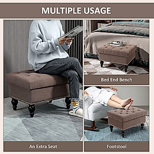 HOMCOM Ottoman with Storage for Living Room, 25" Storage Ottoman with Removable Lid, Button-Tufted Fabric Bench for Footrest and Seat with Wood Legs, Blue