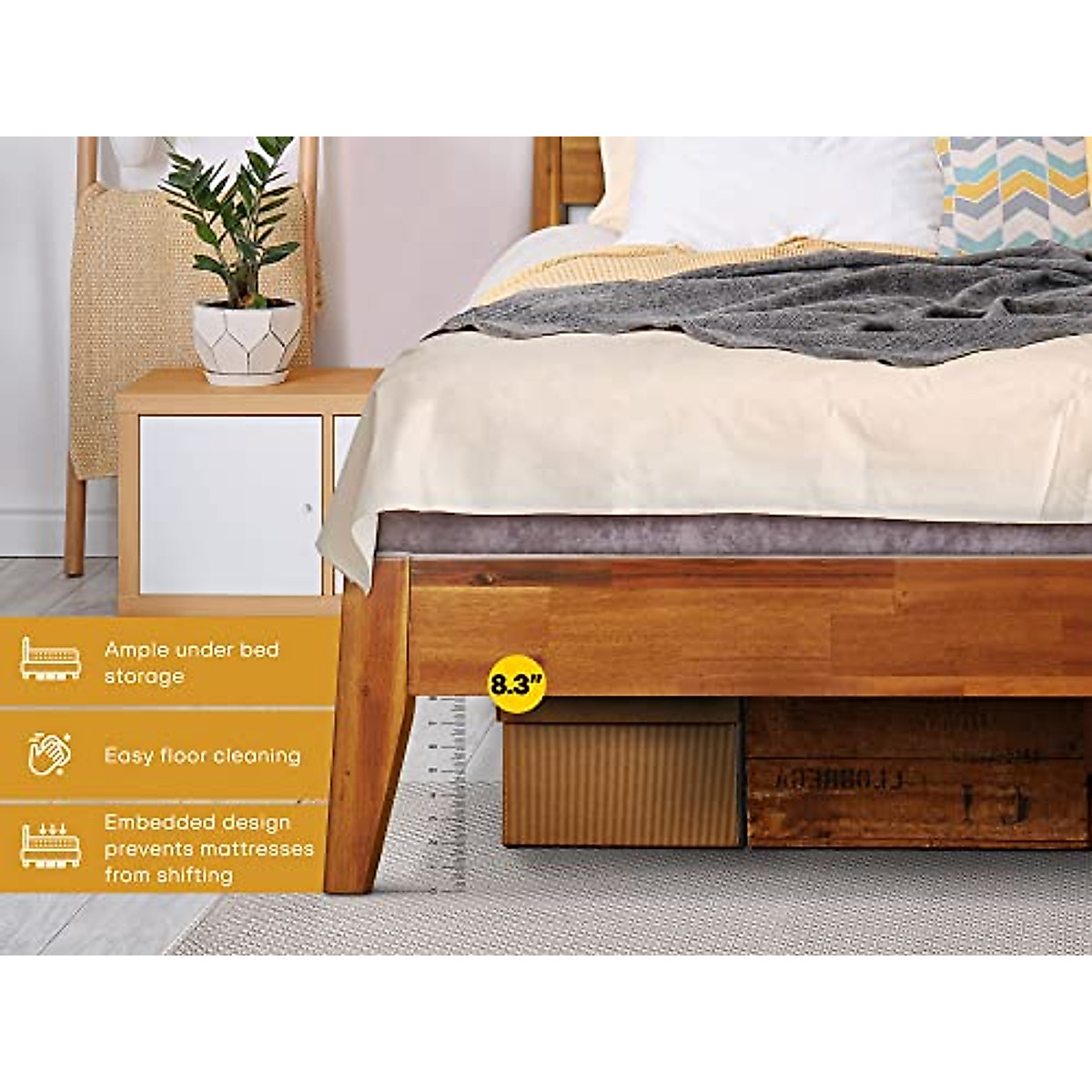 Acacia Emery Bed Frame with Headboard Solid Wood Platform Bed, Bed Frame King, Scandinavian Signature Wood Bed Compatible with All Mattresses, Non-Slip and Noise-Free, Caramel