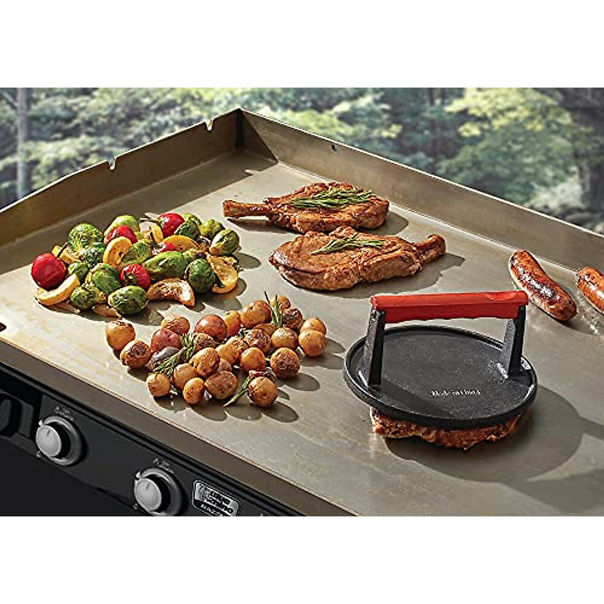 Mr. Bar-B-Q 06681Y Cast Iron Grill Press | Pre-Seasoned Base & Hardwood Handle Burger Press | Cooks Food Evenly | Ridges on Bottom | Keeps Food in Contact with Grill Surface | 7 Inch Cast Iron Press