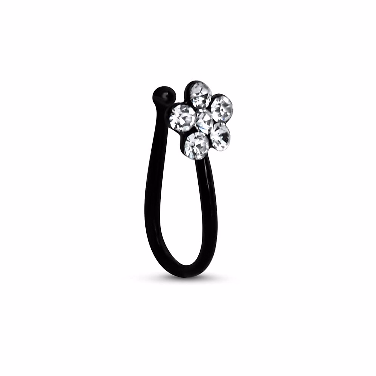 Black-Tone 925 Sterling Silver Fake Nose Hugger Clip On Non Piercing Clear Flower Nose Ring