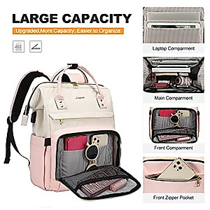 LOVEVOOK Laptop Backpack for Women, 17-inch Large Capacity Fashion Work Computer Backpacks Purse, Travel Business Bags, Doctor Nurse Backpack, Beige-Pink