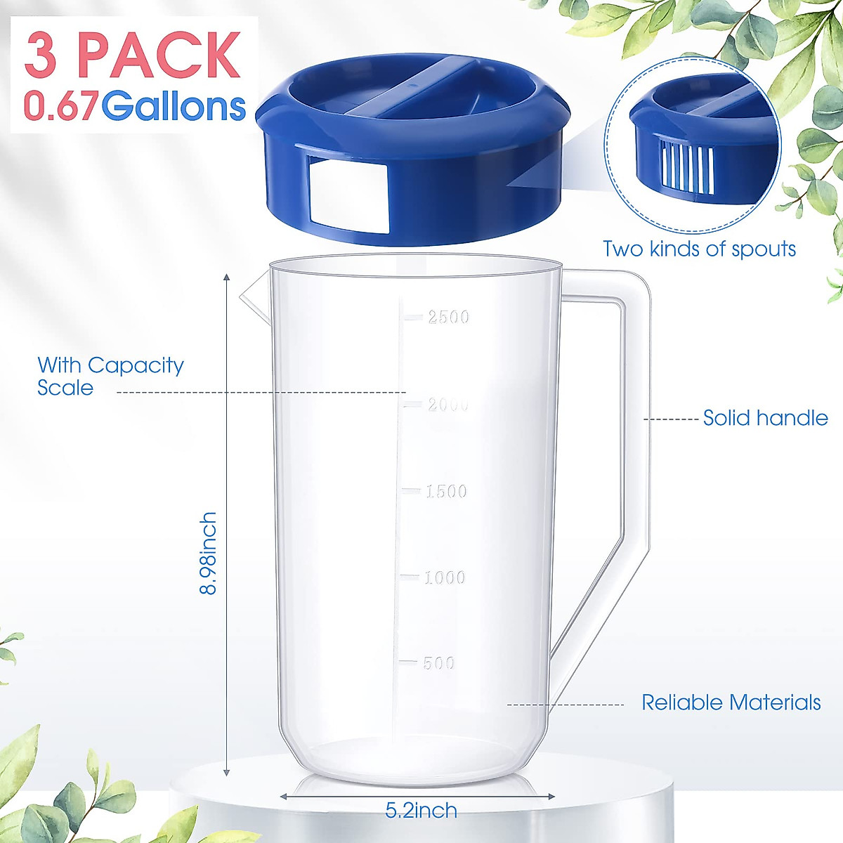 3 Pcs 0.67 Gallon 2.5 Liter Water Pitcher Set Plastic Pitcher with Lid Measurement 3 Position Lid for Hot Cold Drinks Lemon Juice Beverage Ice Tea Dishwasher Safe, 85 Oz (Clear and Pink, White, Blue)
