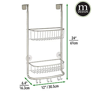 mDesign Stainless Steel Bath/Shower Over Door Caddy, Hanging Storage Organizer 2-Tier Rack with 6 Hooks and 2 Baskets - Holder for Soap, Shampoo, Loofah, Body Wash, Omni Collection, Satin