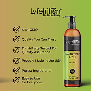 Lyfetrition Hyaluronic Acid Serum for Skin, Moisturizing and Hydrating Serum for All Types of Skin, 100% Natural Face Serum with Vitamin C & Aloe Vera (12 Fl Oz), Clear Serum, (Lyfe7581)