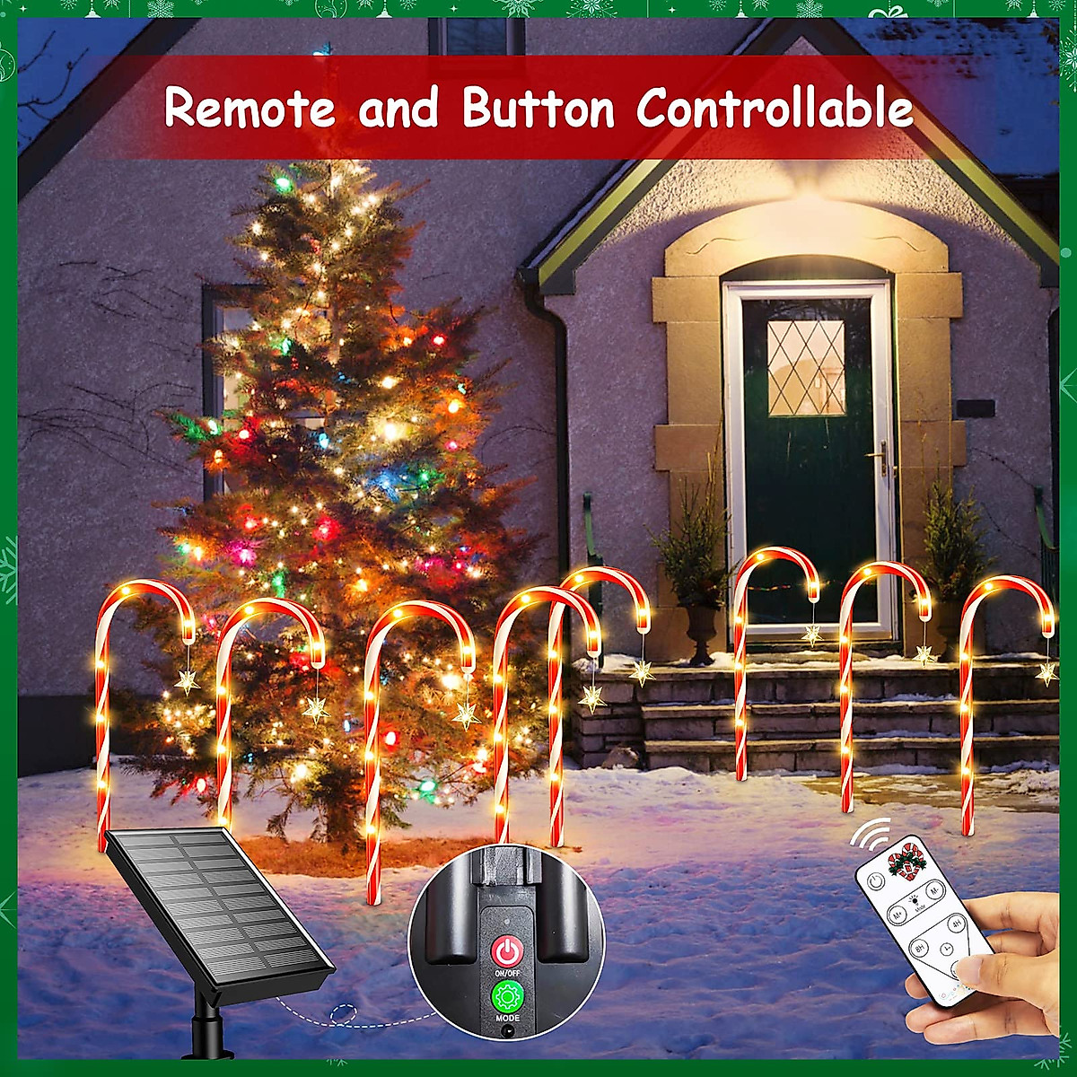 12PK Christmas Decorations Outside Solar Candy Cane Lights, KuBace Newest Solar Pathway Markers Yard Lights with Blinking Star, 9 Modes Xmas Decor for Yard Garden Driveway Walkway, Wider Solar Panel