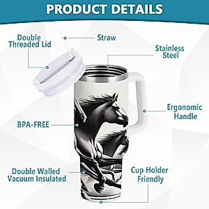 Maunzc 30 oz Tumbler with Handle and Straw, Insulated Stainless Steel Travel Mug with Lid for Coffee, Iced Tea, Water, Gift for Men Women (Horses Running Halftone)