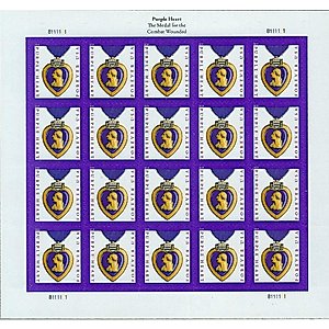 USPS Purple Heart and Ribbon with Frame, The Medal for The Combat Wounded (Sheet of 20) Postage Forever Stamps 2019 Scott #5419