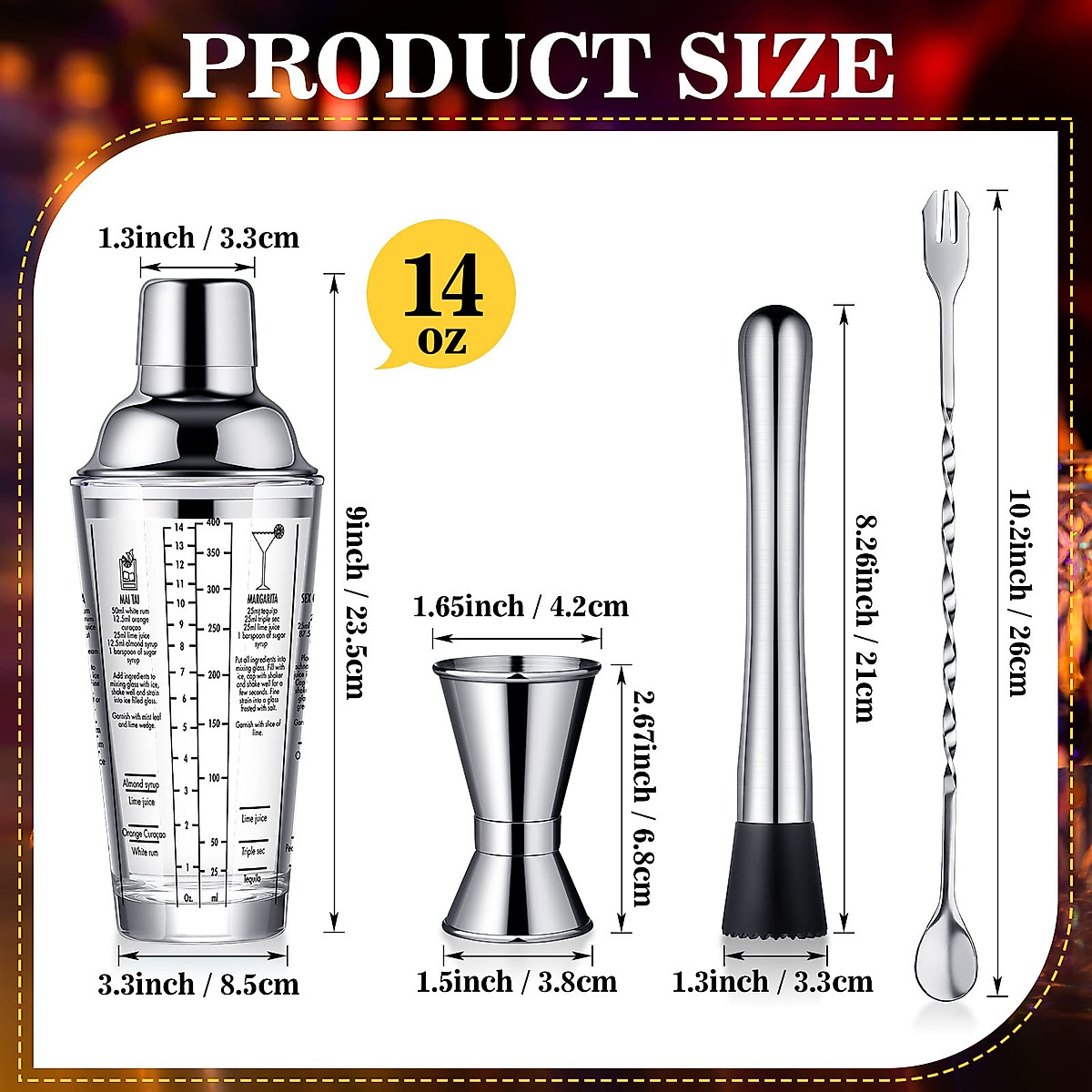 Rtteri 4 Pcs Cocktail Shaker Set 14 oz Martini Glass Shaker Cup Stainless Steel Drink Shaker Tool Margarita Bartender Kit Cocktail Mixers with Measuring Jigger Mixing Spoon Muddler for Bar Accessories