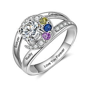 Gemsbe Custom Moon Statement Grandma Ring Personalized Promise Rings for Her Engraved Names Anniversary Ring for Women (3 stones)