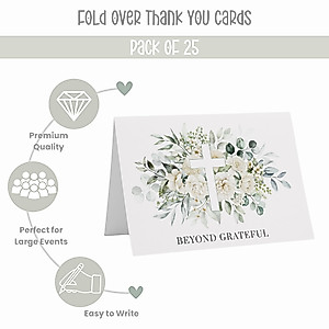 Rustic Elegance Thank You Cards with Envelopes (25 Pack) All Occasion Notecards Perfect for Baptism, Funeral, Religious Ceremonies, Sympathy - White Floral with Cross & Greenery Folded Stationery Set