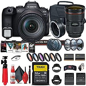 Canon EOS R6 Mirrorless Digital Camera with 24-105mm f/4L Lens (4082C012) + Canon EF 24-70mm Lens + Mount Adapter EF-EOS R + 64GB Tough Card + Color Filter Kit + Case + Filter + More (Renewed)