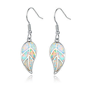Barzel White Gold Plated Created White Opal Leaf Drop Earrings (Silver White Opal)